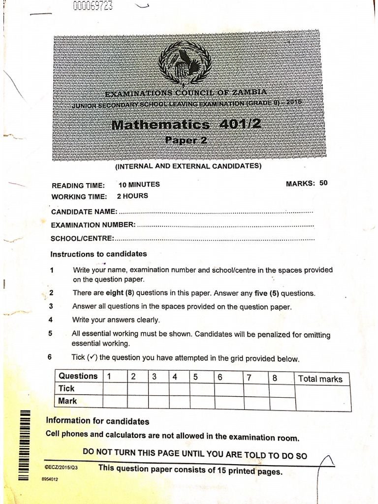 ECZ 2015 Grade 9 Mathematics P2 | PDF