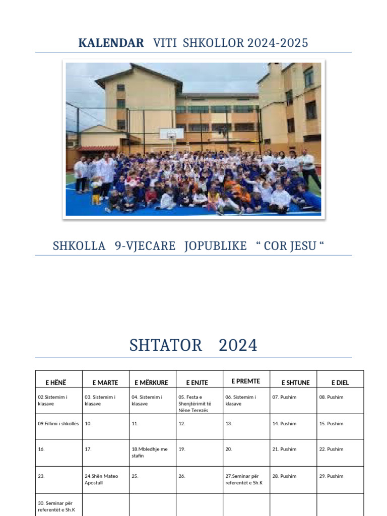 Kalendar Viti Shkollor 2024 | PDF