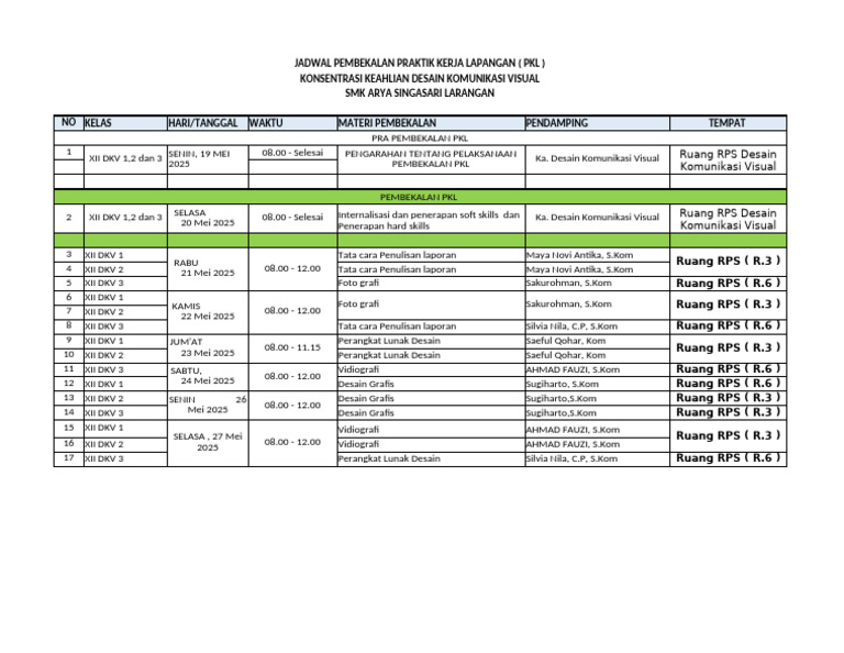 Jadwal Pembekalan PKL DKV Tahun 2025 | PDF
