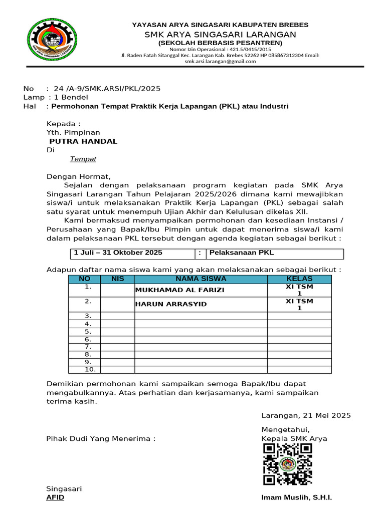 SURAT Permohonan PKL 25 | PDF