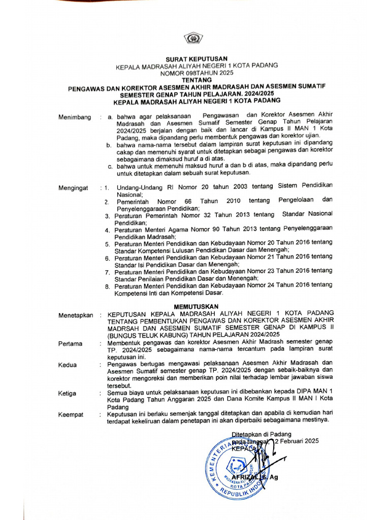 SK Pengawas & Korektor Assessment Genap 2024-2025 | PDF