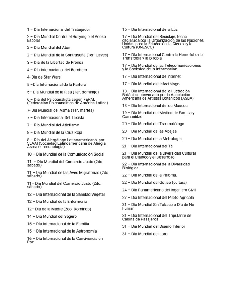 1 - Día Internacionales Festivos Especiales Del Mes | PDF