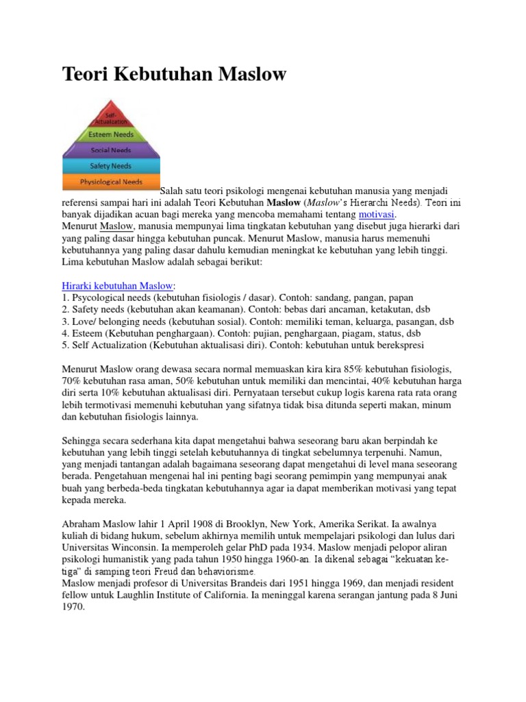 Teori Kebutuhan Maslow | PDF | Pengembangan Diri
