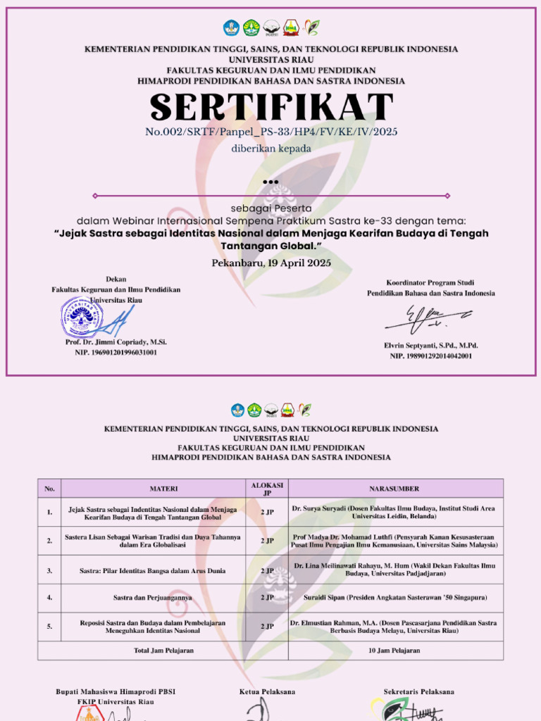 Sertifikat Webinar Sempena Praktikum Sastra Ke-33 ... | PDF