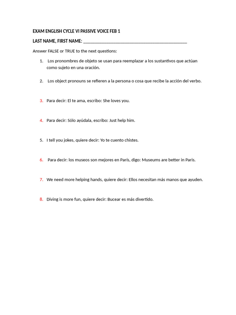 Exam English Cycle Vi Passive Voice Feb 1 Teacher | PDF