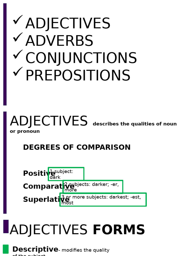 AdjectivesAdverbsConjunctionsPreposition | PDF | Adverb | Adjective
