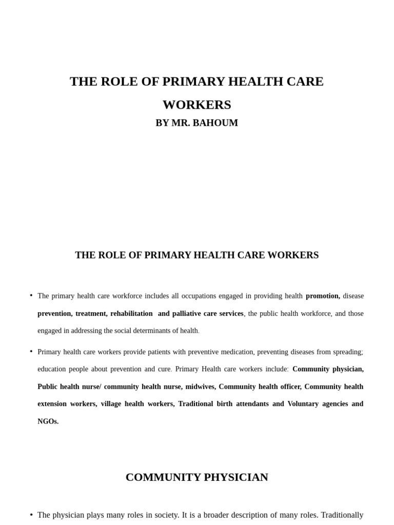 The Role of Primary Health Care Workers | PDF | Midwife | Medicine