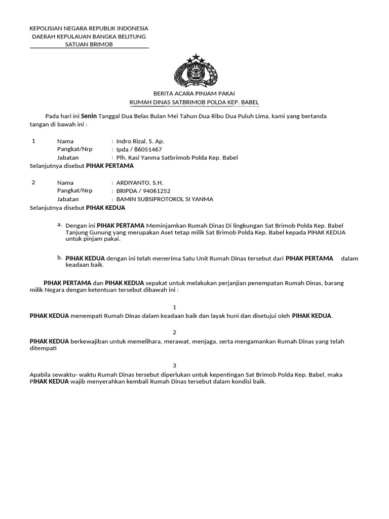 Berita Acara Pinjam Pakai Rumah Dinas POLRI | PDF
