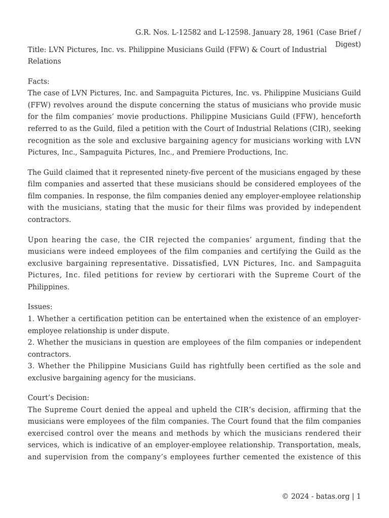 G.R. Nos. L-12582 and L-12598. January 28, 1961 (Case Brief - Digest) | PDF | Employment ...