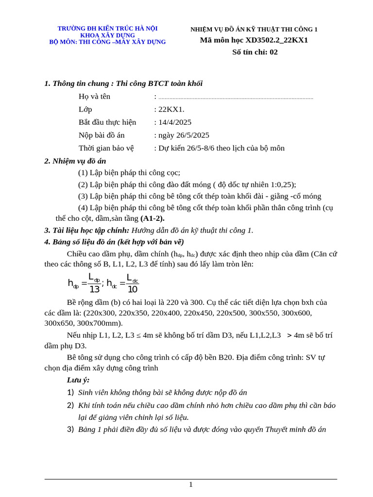 1- 22KX1_Nhiệm vụ đồ án KTTC 1 | PDF