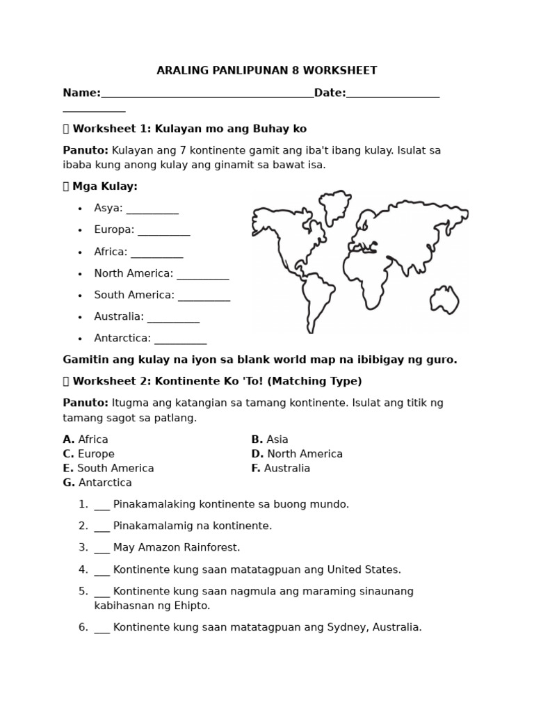 Araling Panlipunan 8 Worksheet | PDF