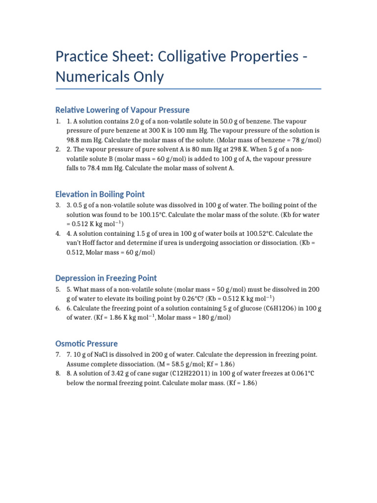 Colligative Properties Numerical Practice Sheet | PDF