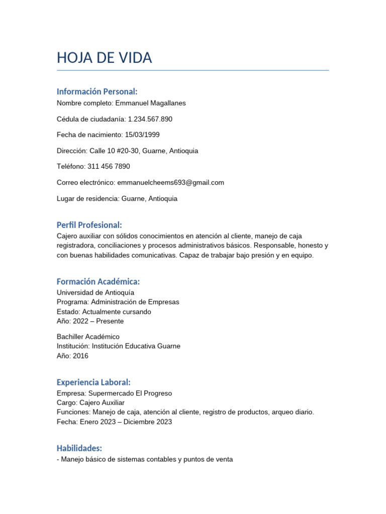 Hoja de Vida Emmanuel Magallanes | PDF