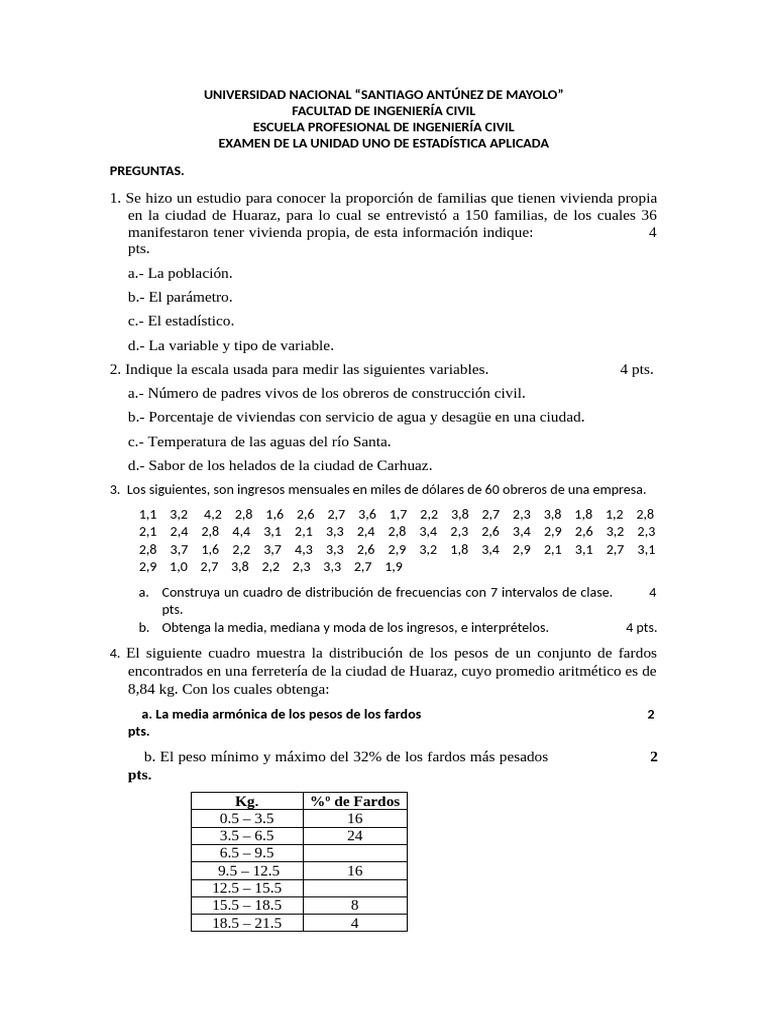 Examen de La Unidad Uno de Estadistica Aplicada | PDF