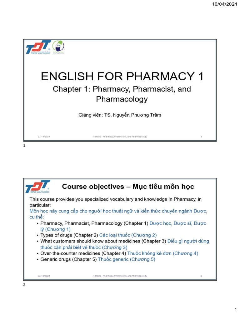 Chapter 1 Pharmacy Pharmacist and Pharmacology - Student Handout | PDF