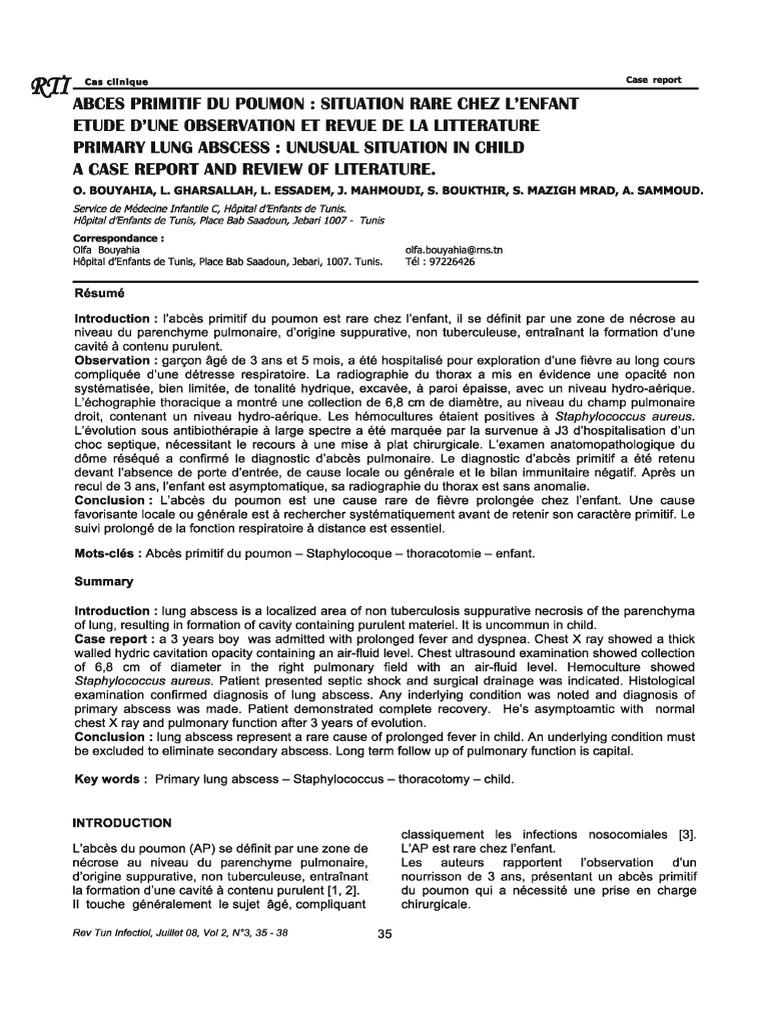 Abcès pulmonaire primitif chez l'enfant | PDF | Tuberculose | Maladies ...