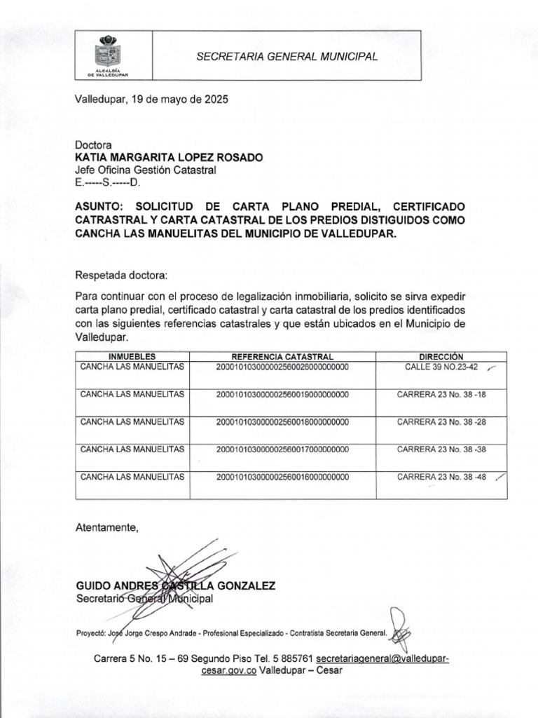 Solicitud de Carta Plano, Certificado y Carta Catastral de Los Predios ...