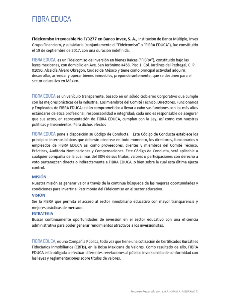Fibra Educa Resumen | PDF | Bolsa | Business