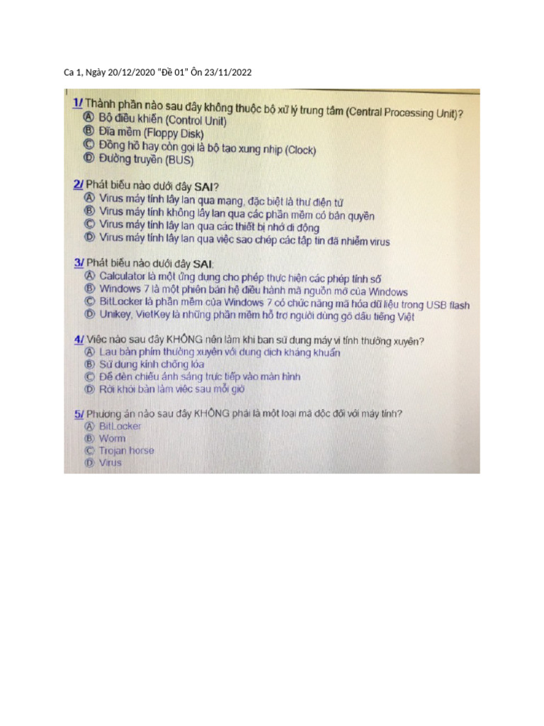 DeThiTracNghiemCCUDCNTTCoBan 20122020 Ca1 De01 On23112022 | PDF