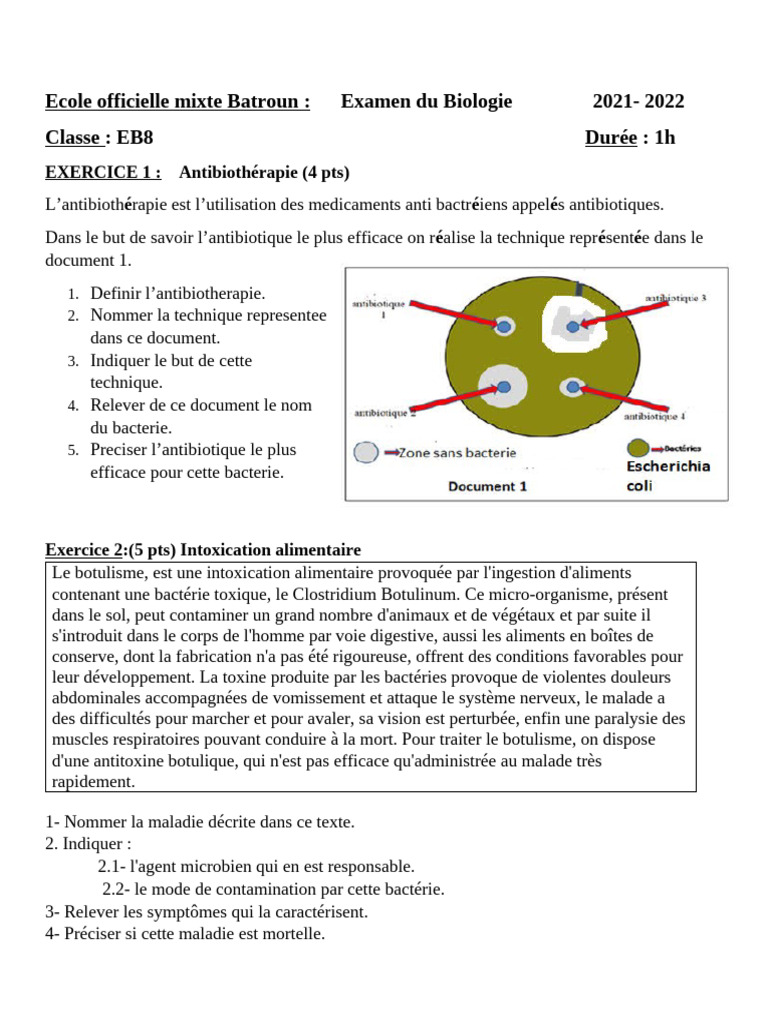 Examen de Biologie EB8 2021-2022 | PDF | Intoxication alimentaire ...
