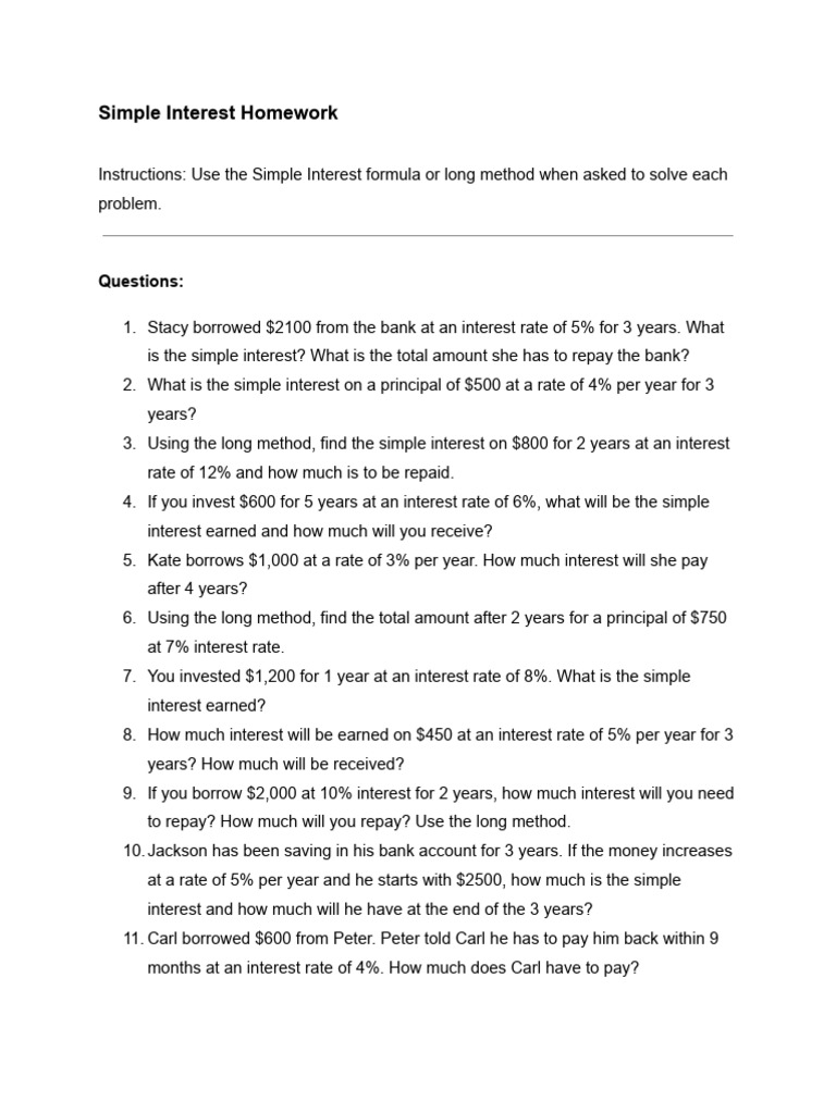 Simple Interest Homework | PDF