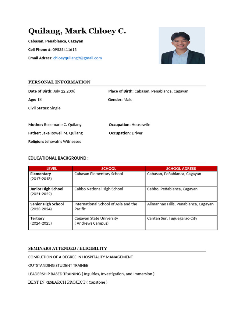 Mark Chloey Quilang: Hospitality Graduate Resume | PDF | Cognition ...