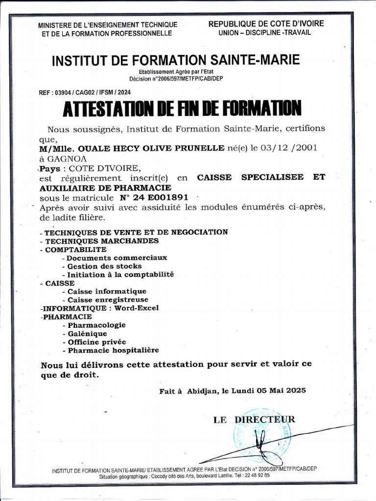 Attestation de Fin de Formation Ouale | PDF