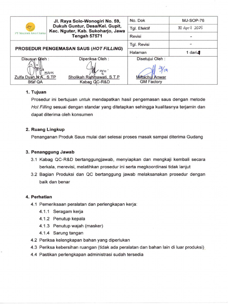 Sop Hot Filling | PDF