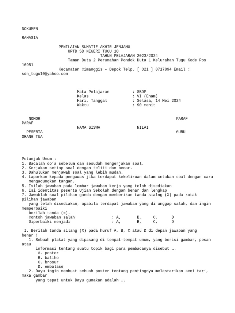 Soal SBDP Psaj 2024 Kelas 6 Fix | PDF