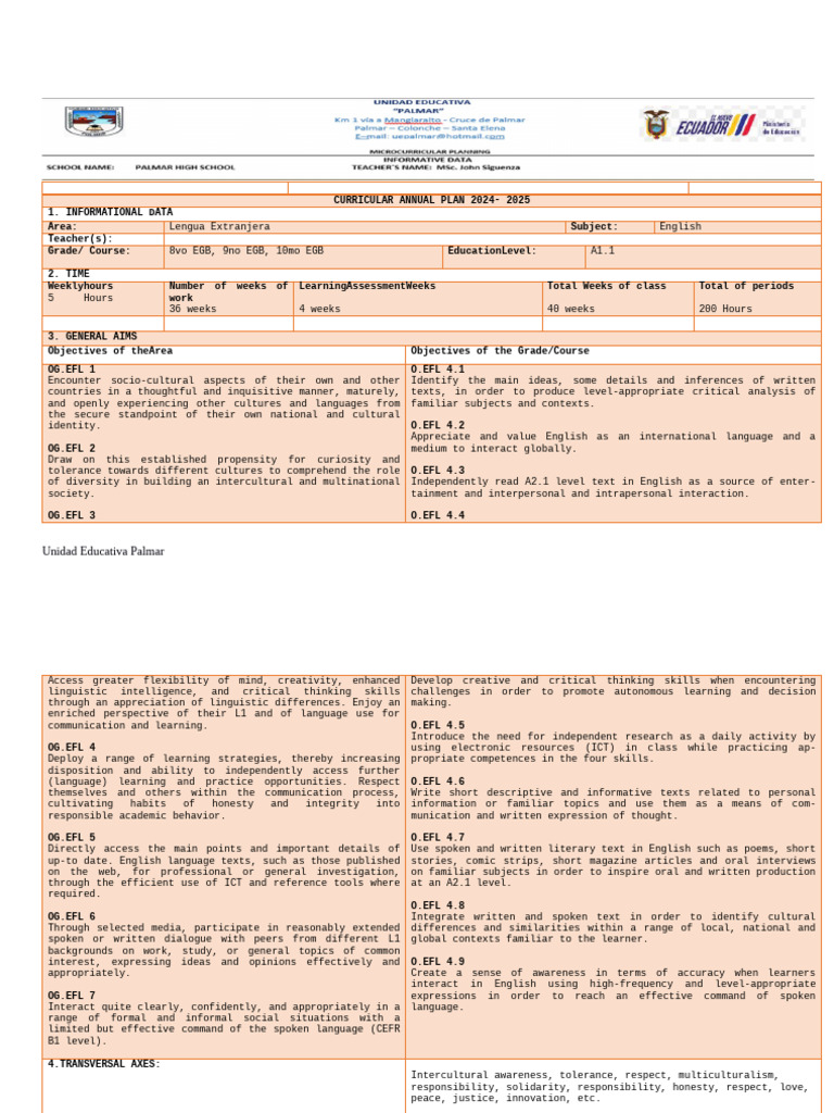 PCA - INGLES - Egb 2024 2025 | PDF | Learning | Vocabulary