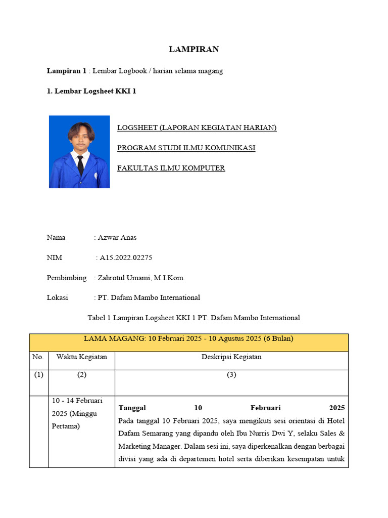 Laporan Magang Khusus Tabel Logsheet | PDF