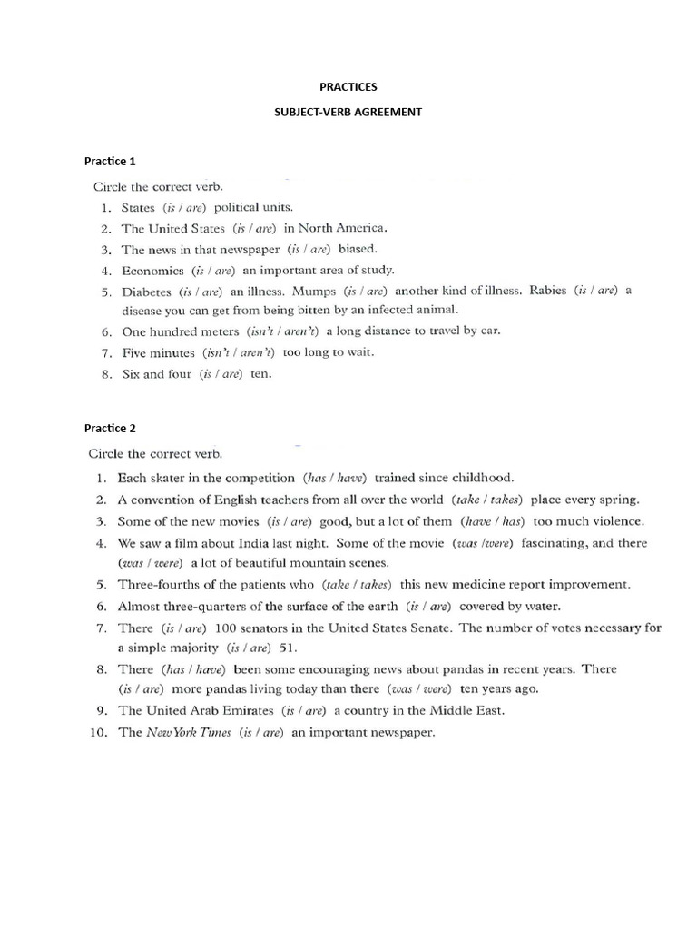 Subject Verb Agreement Practices | PDF