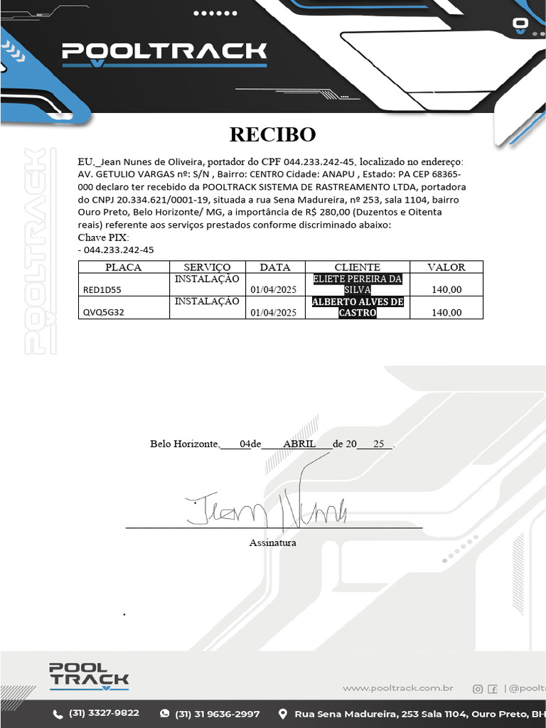 Recibo - 044.233.242-45 - Jean Nunes de Oliveira - Anapu - Pa - r$280 ...