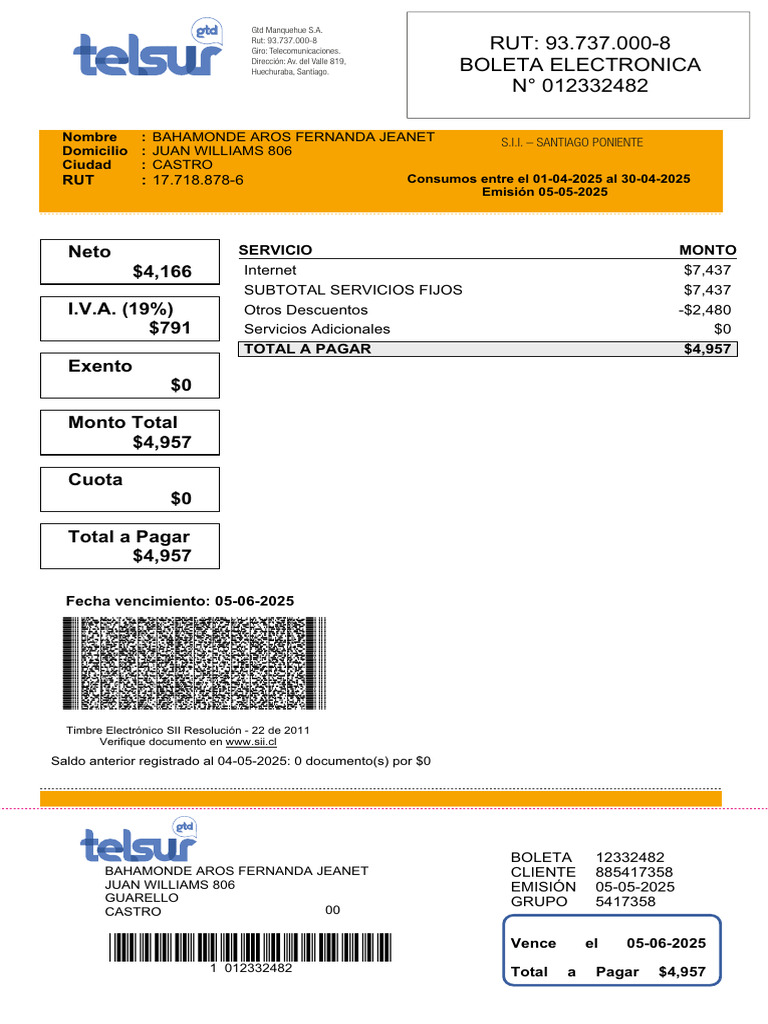 Neto $4,166 I.V.A. (19%) $791 Exento $0 Monto Total $4,957 Cuota $0 ...