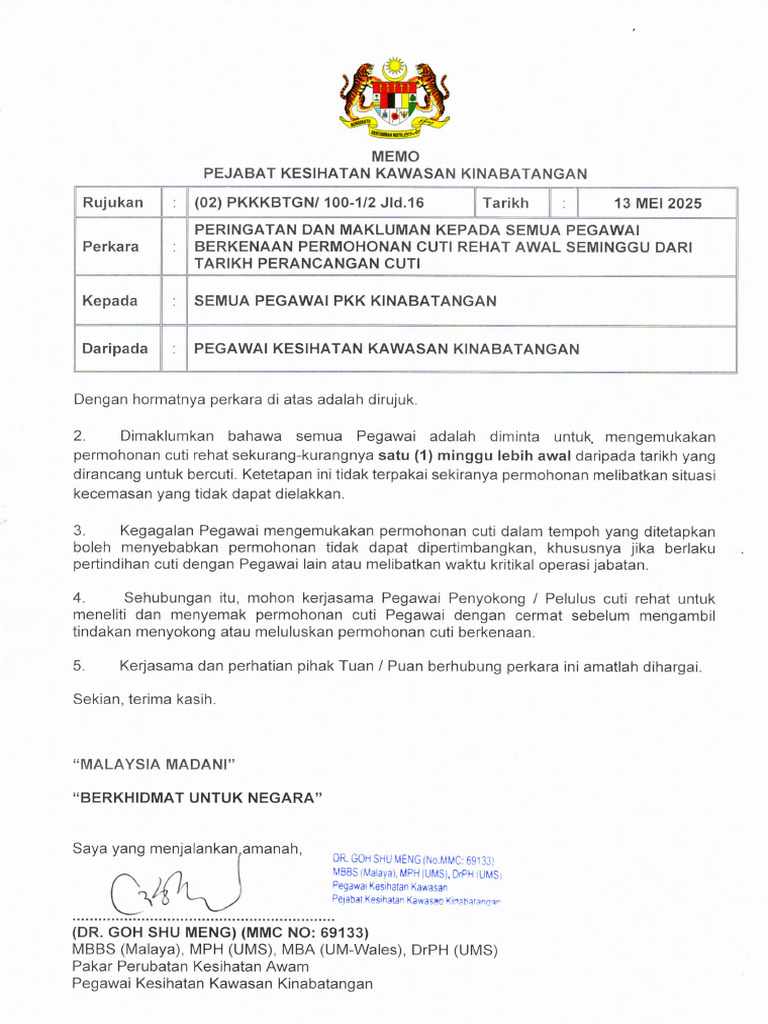 Peringatan Dan Makluman Kepada Semua Pegawai Berkenaan Permohonan Cuti ...