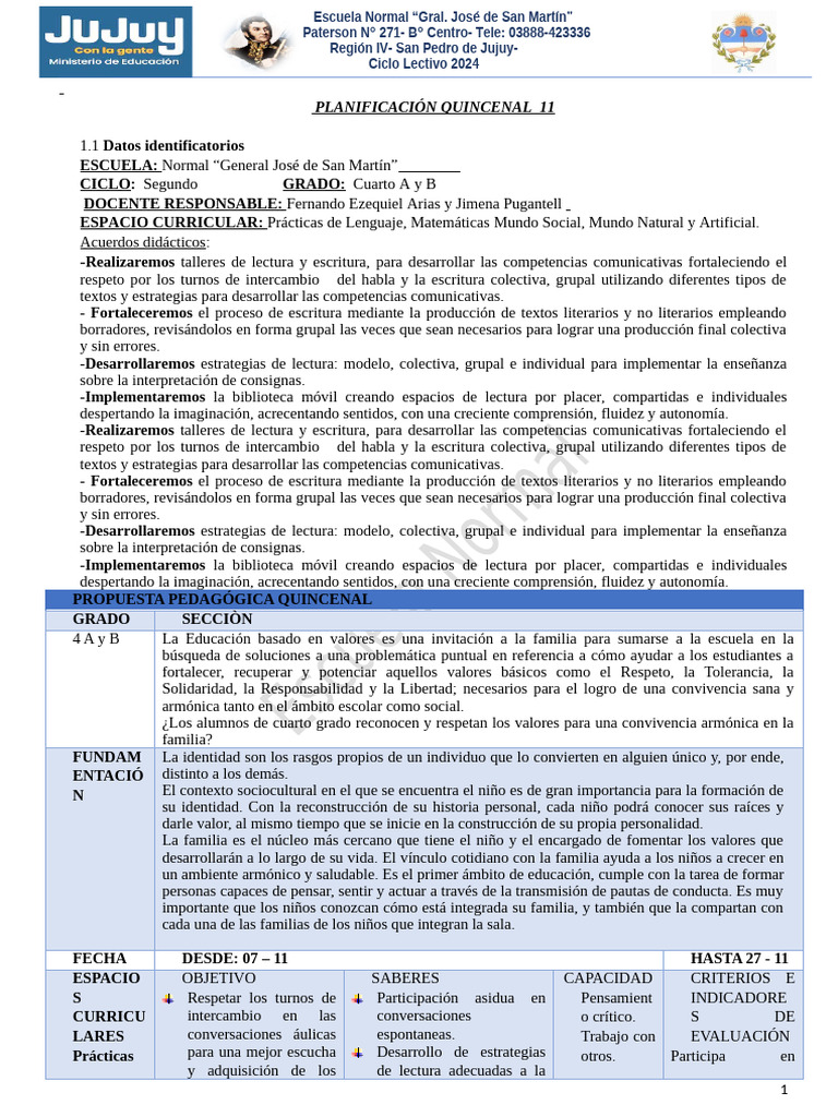 Planificación Quincenal 4° Grado 2024 | PDF | Aprendizaje