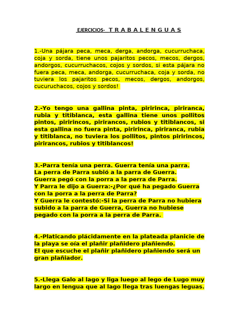 Ejercicios-: Trabalenguas | PDF