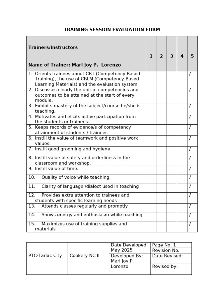 Trainer Self Evaluation Form | PDF | Learning | Cognition