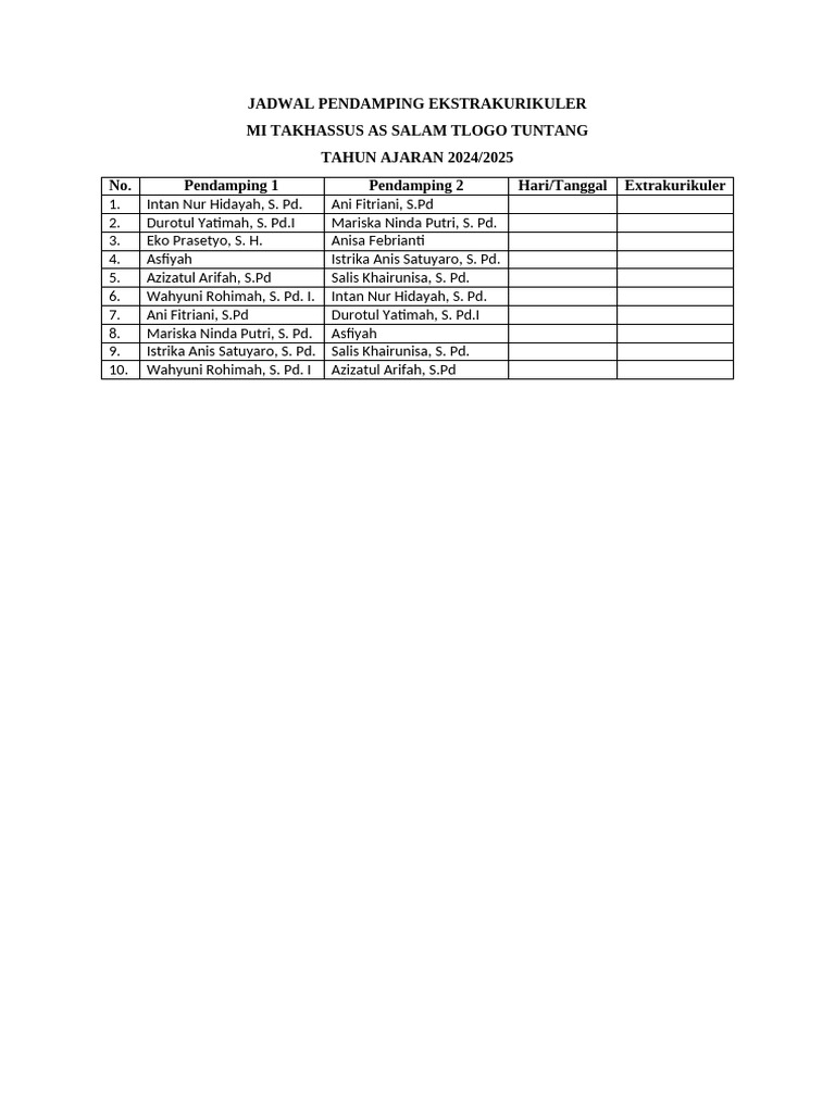 Jadwal Pendamping Ekstrakurikuler | PDF
