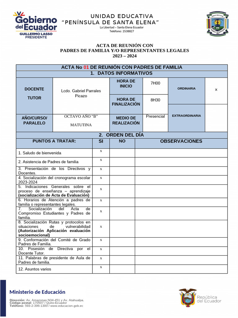 Acta de Reunión con Padres 2023-2024 | PDF | Enseñando | Aprendizaje