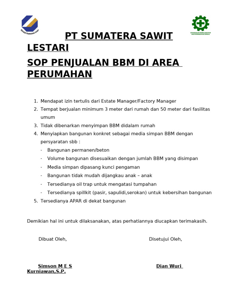 Sop Penjualan BBM Di Area Perumahan | PDF