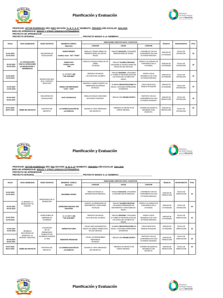 Planilla Secundaria Tercer Lapso de Planificacion y Evaluacion de Ingles 2025 | PDF ...