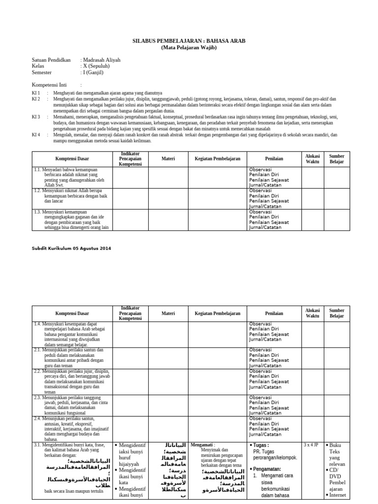 Silabus Bahasa Arab X Wajib 2015-2016 | PDF
