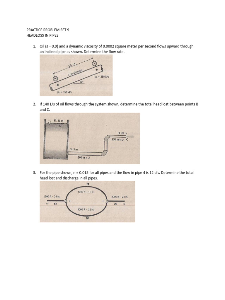 PRACTICE PROBLEMS SET 9 Healoss in Pipes | PDF