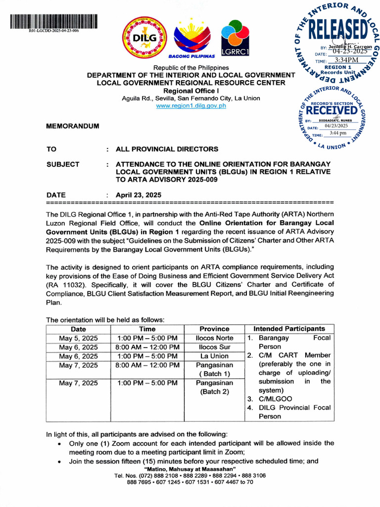 Allpds Memo Attendance To The Online Orientation For Barangay Local ...