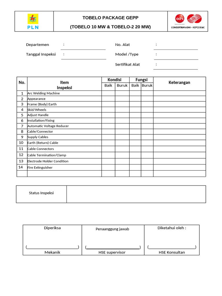 Checklist Inspeksi - Travo Las | PDF