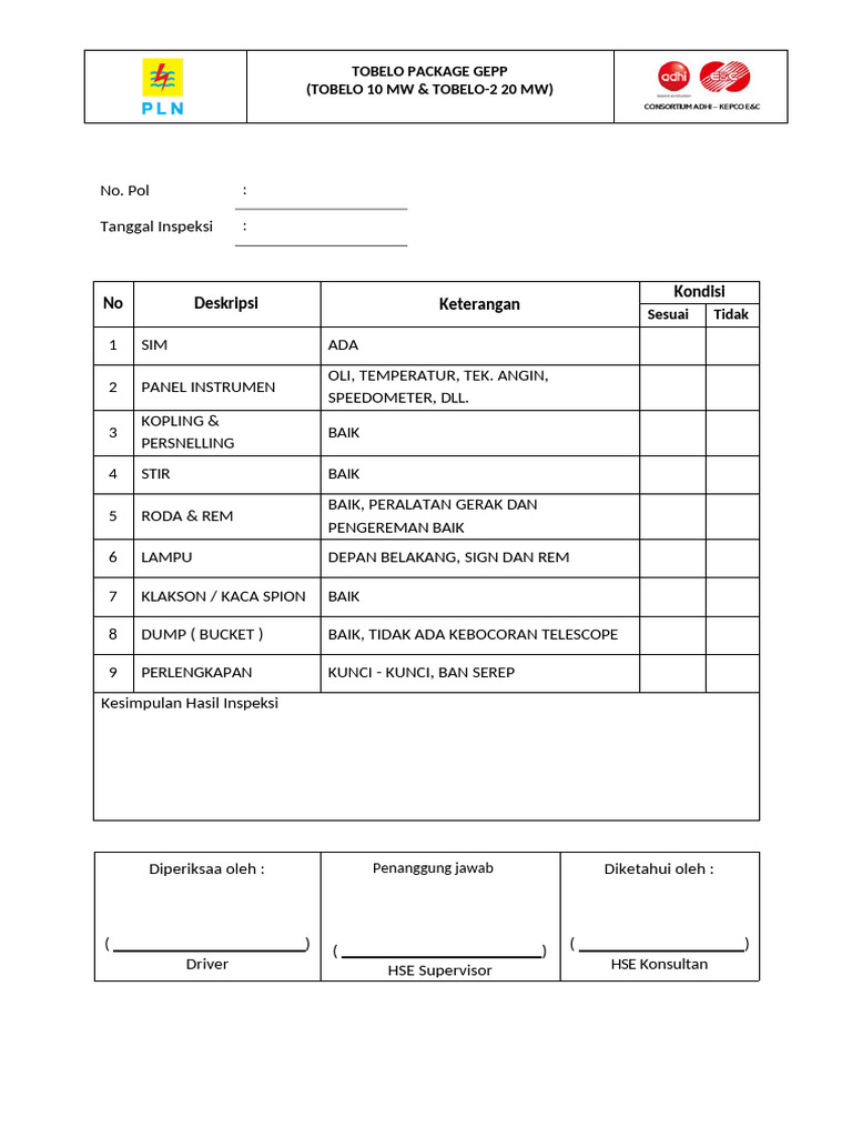5. CHECKLIST INSPEKSI -VEHICLE - DUMPTRUCK | PDF