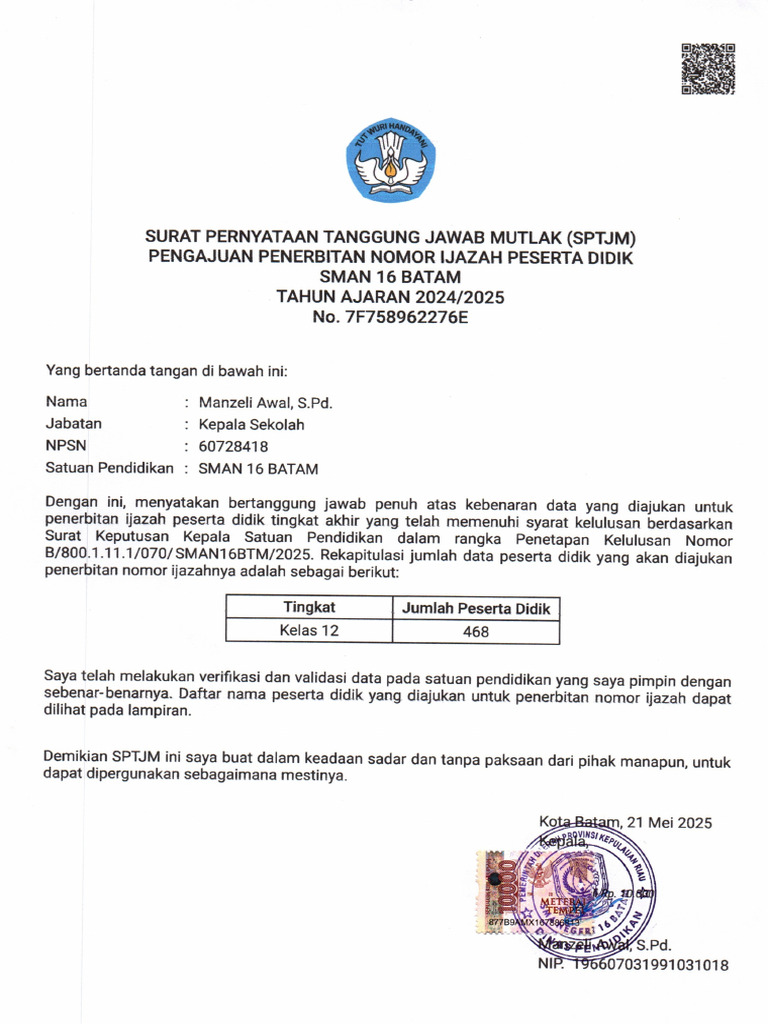SPTJM Pengajuan Penerbitan Nomor Ijazah Peserta Didik SMAN 16 Batam ...