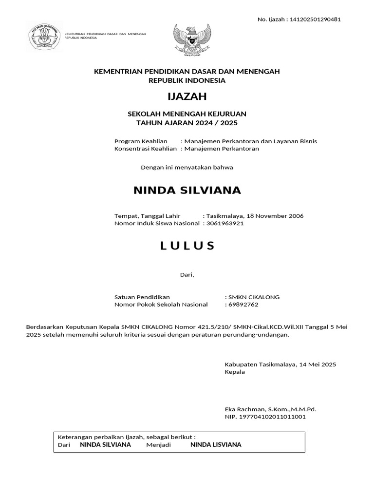 Ijazah SMK Ninda Lisviana 2025 | PDF