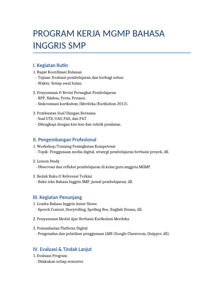 Program Kerja MGMP Bahasa Inggris SMP | PDF